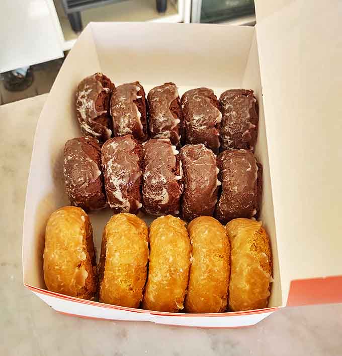 The chocolate and glazed varieties sit side by side, a study in contrasts that somehow both achieve doughnut nirvana through different paths.