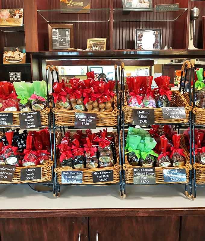 Gift baskets arranged with surgical precision &ndash; because nothing says "I care" like professionally curated sugar bombs wrapped in cellophane and ribbons.