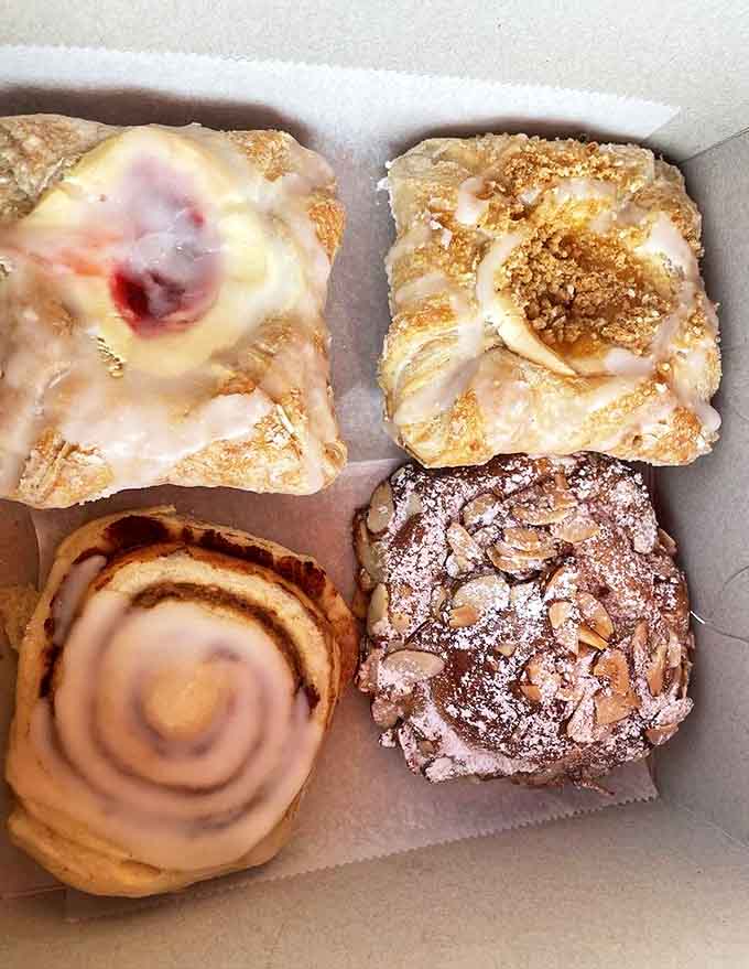 Sweet geometry: perfectly formed cinnamon buns, fruit-filled Danish, and almond croissants demonstrate that math can indeed be delicious.