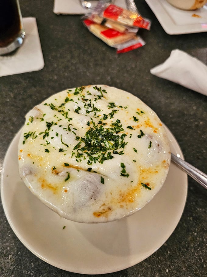 Cream Soup: Velvety, herb-flecked comfort that makes you wonder if you could reasonably order a gallon to go for emergencies.