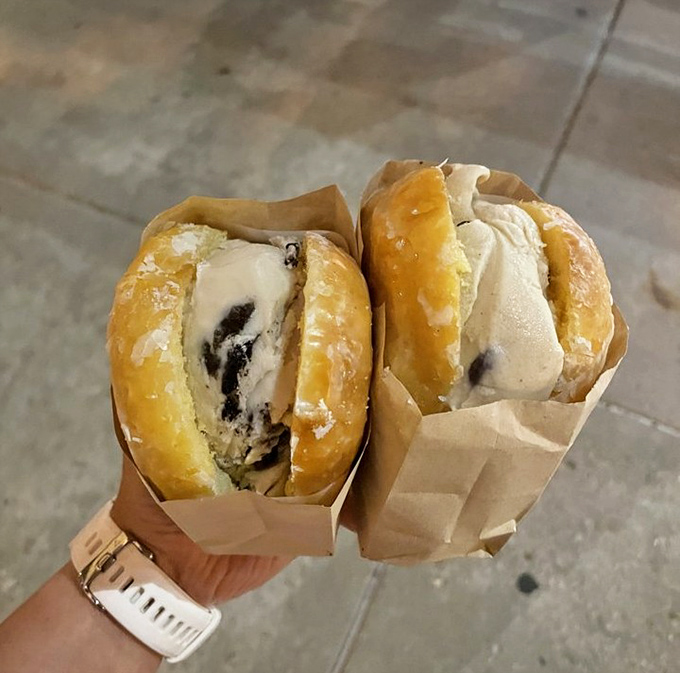 The infamous donut ice cream sandwich&mdash;where hot meets cold in a handheld miracle that's worth every sticky finger and napkin.