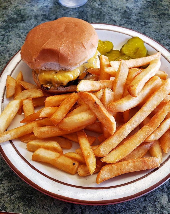 Behold the cheeseburger in its natural habitat &ndash; unpretentious, perfectly cooked, and served with a generous pile of golden fries that demand to be devoured.
