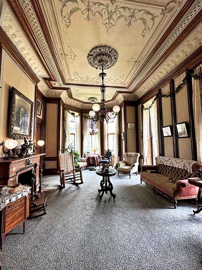 The formal sitting parlor, where Victorian social chess was played, features a ceiling so ornately decorated it deserves its own Instagram account.
