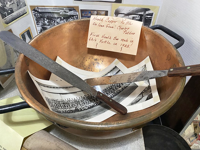 If this copper kettle could talk! The original vessel where Heath's famous toffee was born, complete with the tools of the trade.