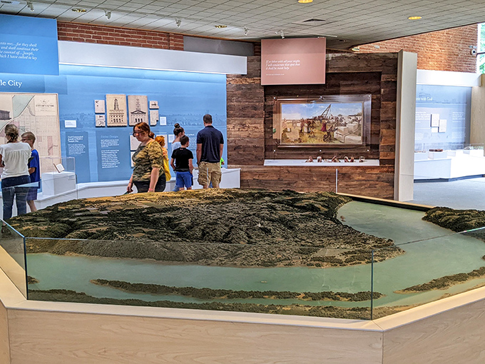 Inside the North Visitors' Center, a detailed topographical model brings old Nauvoo to life, showing the town as it once was.