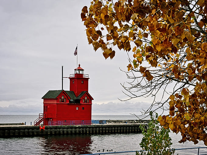 Fall transforms the scene into a painter's palette, with golden leaves framing the red lighthouse in nature's own tribute to the changing seasons.