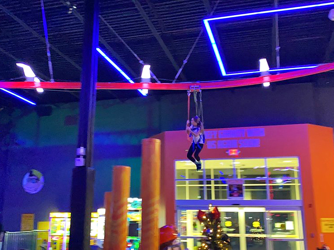 Zip-lining across the park beats any commute, offering bird's-eye views of chaos below while your knuckles turn interesting shades of white.