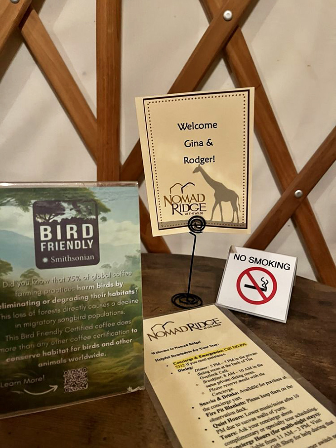 Each yurt welcomes guests with personalized touches and bird-friendly coffee, proving conservation extends to every aspect of The Wilds experience.