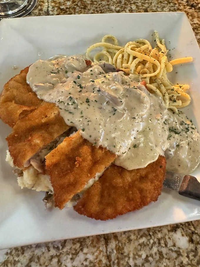 The Jagerschnitzel answers comfort food prayers with a perfectly breaded cutlet baptized in mushroom gravy alongside buttery noodles.