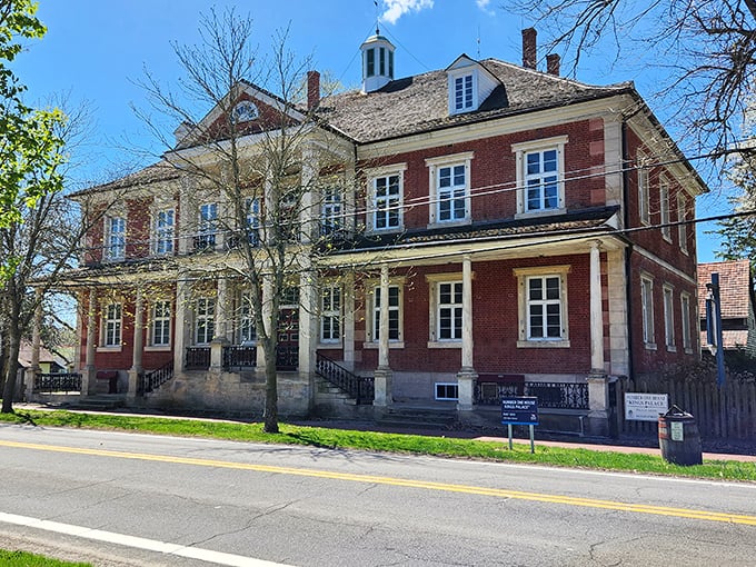 The impressive Meeting House anchors the village, its architecture reflecting both German heritage and American practicality.