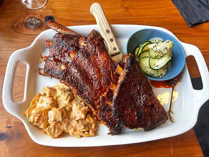 Fall-off-the-bone tender Korean BBQ ribs with house-made pickled cucumbers prove great food knows no geographical boundaries, even in the wilderness.