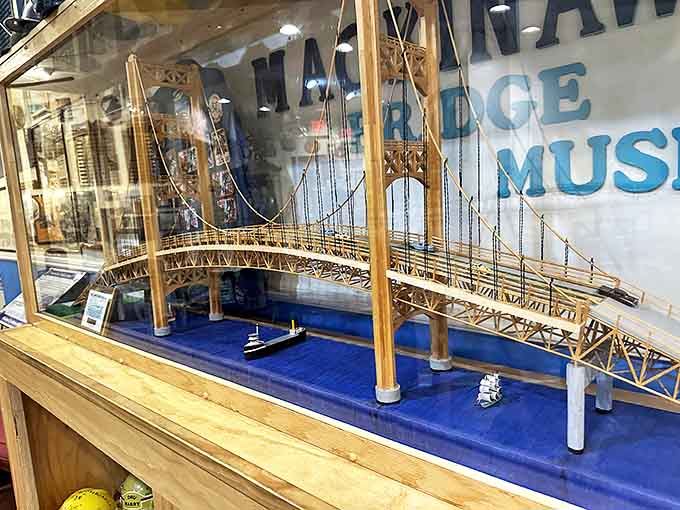 Engineering marvel in miniature &ndash; this meticulously crafted scale model reveals the Mackinac Bridge's elegant design from an impossible perspective.