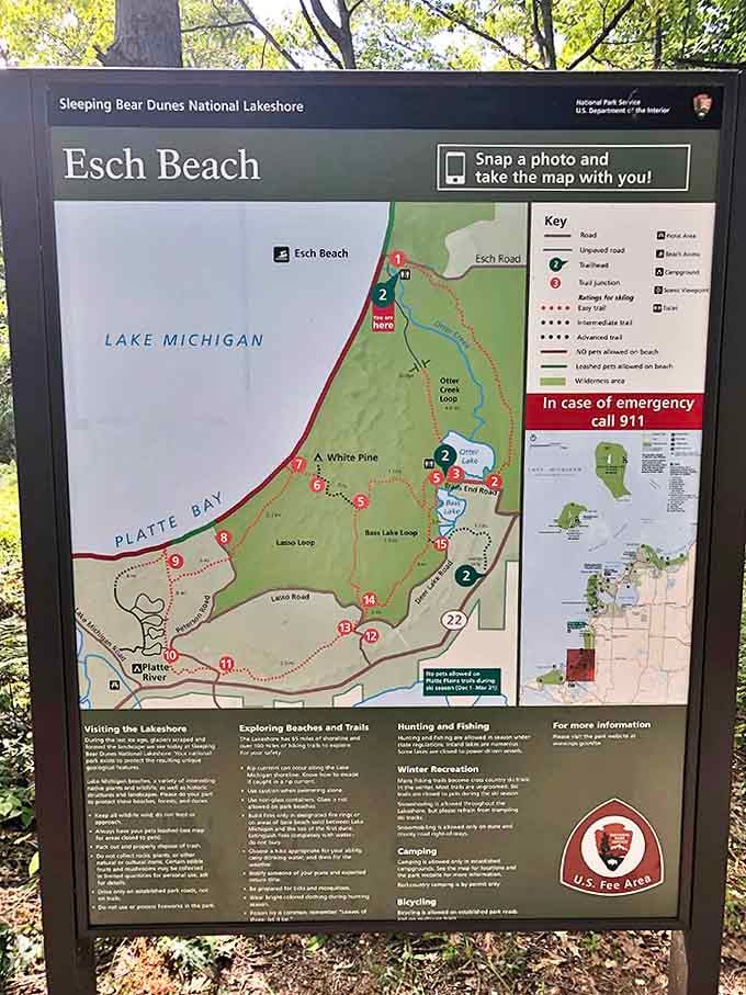 Navigate your adventure with this helpful trail map of Esch Beach and surrounding areas within Sleeping Bear Dunes National Lakeshore.