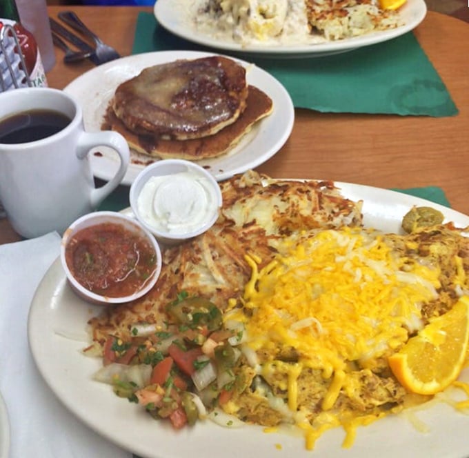 Breakfast of champions: cinnamon roll pancakes, Mexican omelette, and hash browns that would make your grandmother proud.