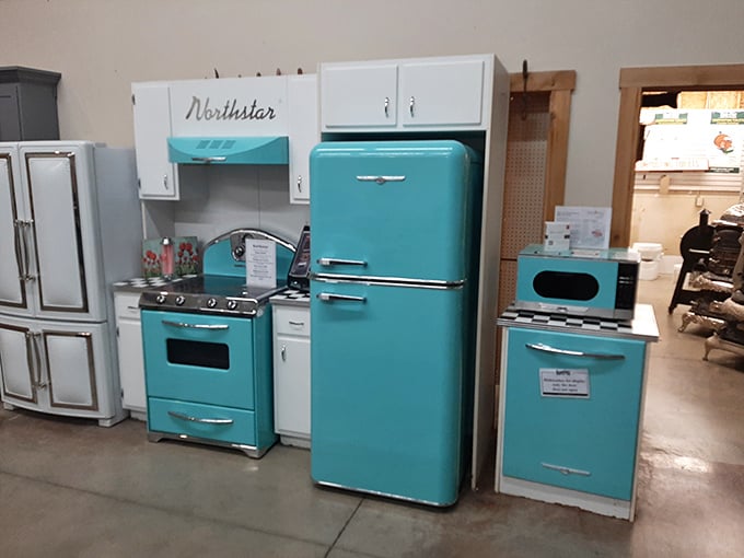 This turquoise Northstar kitchen set pops with mid-century charm, proving that retro style never loses its cool factor.