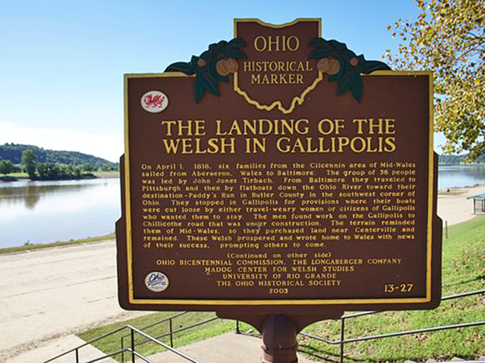 This historical marker tells the fascinating story of Welsh settlers who found their slice of heaven in Gallipolis, proving the town's melting pot heritage runs deeper than its French name suggests.