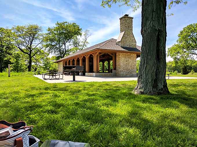 Picnic shelter: Stone fireplace and rustic beams create the kind of shelter that makes even sandwich-eating feel like a special occasion.