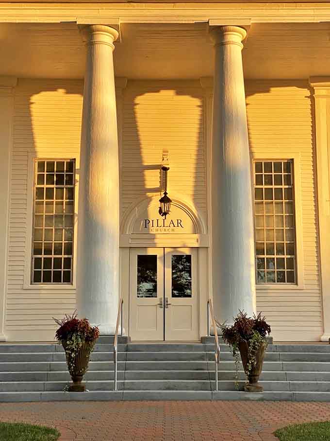 Bathed in golden sunset light, these classic columns aren't just supporting a roof &ndash; they're holding up centuries of faith, community, and architectural beauty.