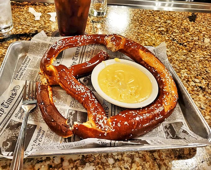 Not just big, but architectural &ndash; a twisted masterpiece of dough that arrives with beer cheese that's practically liquid gold.