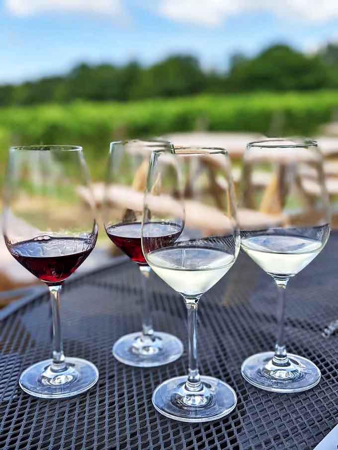 Four glasses lined up like soldiers ready for duty – a wine flight that takes your taste buds on a grand tour.