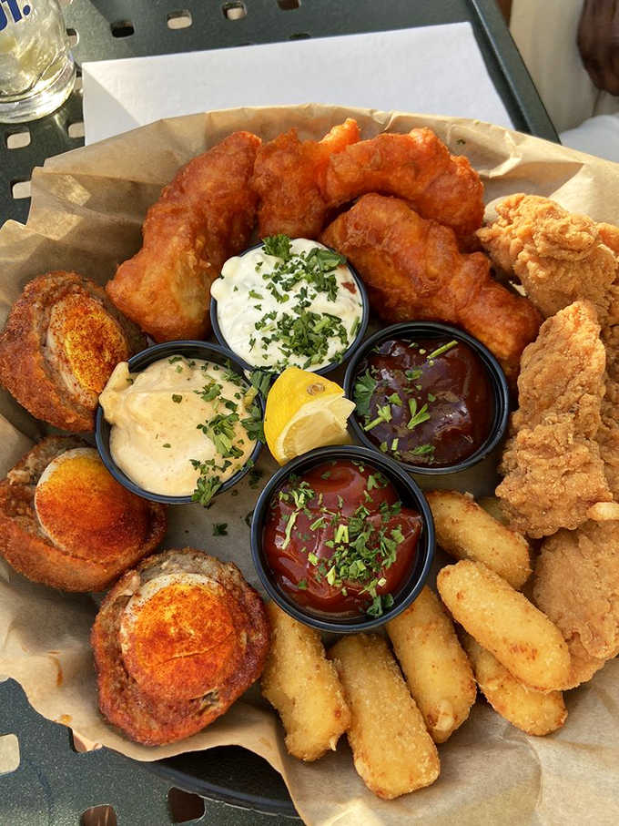 The Royal Sampler offers a taste of Britain's greatest hits &ndash; crispy fish, Scotch eggs, chicken fingers and more, with dipping sauces galore.