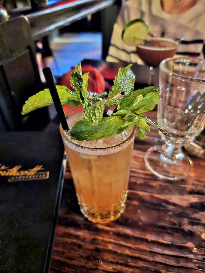 This crimson cocktail showcases fresh blackberries and herbs, the garnish adding both visual drama and aromatic elements that enhance each sip.