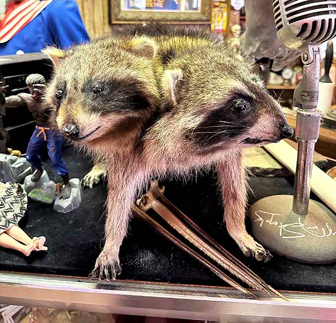 This two-headed taxidermy raccoon is either a fascinating natural anomaly or proof that nature has a seriously weird sense of humor.