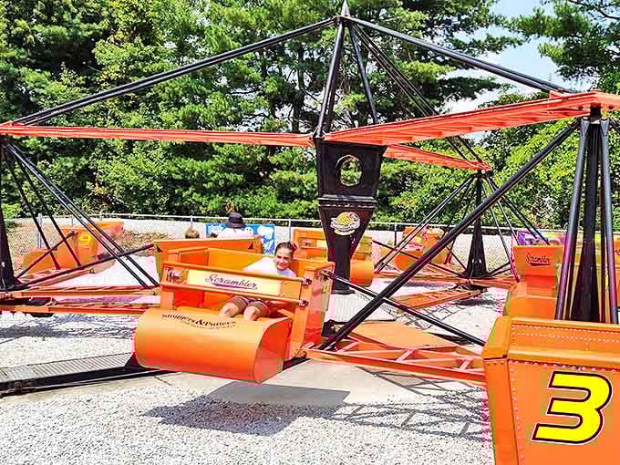 The Scrambler creates that perfect physics lesson nobody asked for: bodies sliding together while centrifugal force tests your breakfast's staying power.