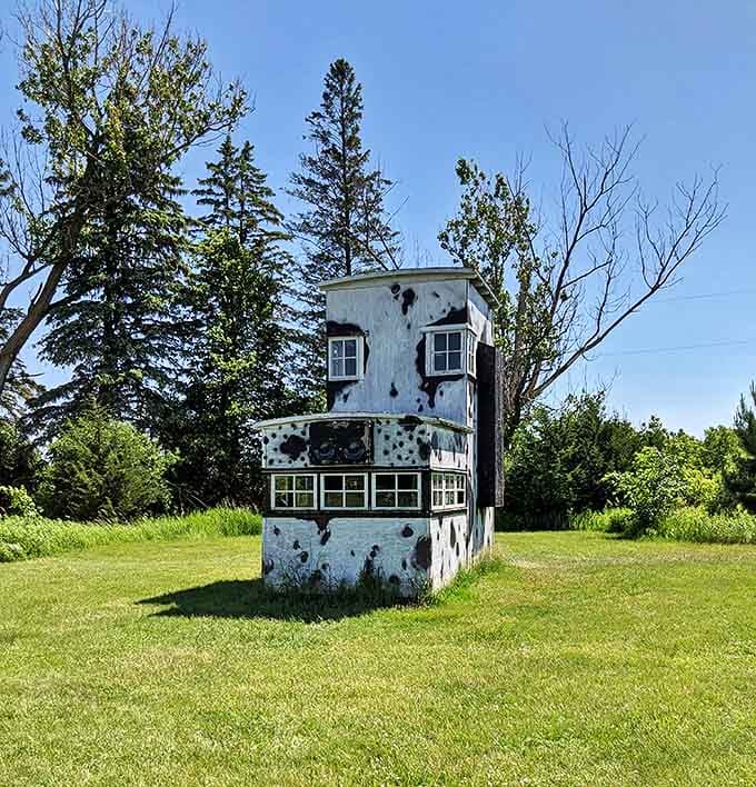 This spotted structure stands alone in the field like a dalmatian-inspired tiny home waiting for its eccentric owner to return.