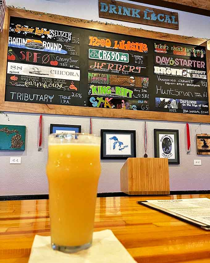 Sister Lakes Brewing Company's chalkboard menu showcases local craft beers with names that celebrate the region's lakes and landmarks.