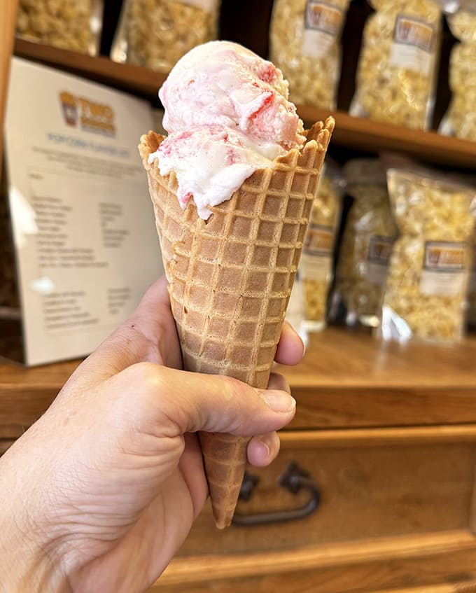 Strawberry ice cream nestled in a waffle cone &ndash; proof that sometimes the simplest pleasures deliver the most profound happiness.