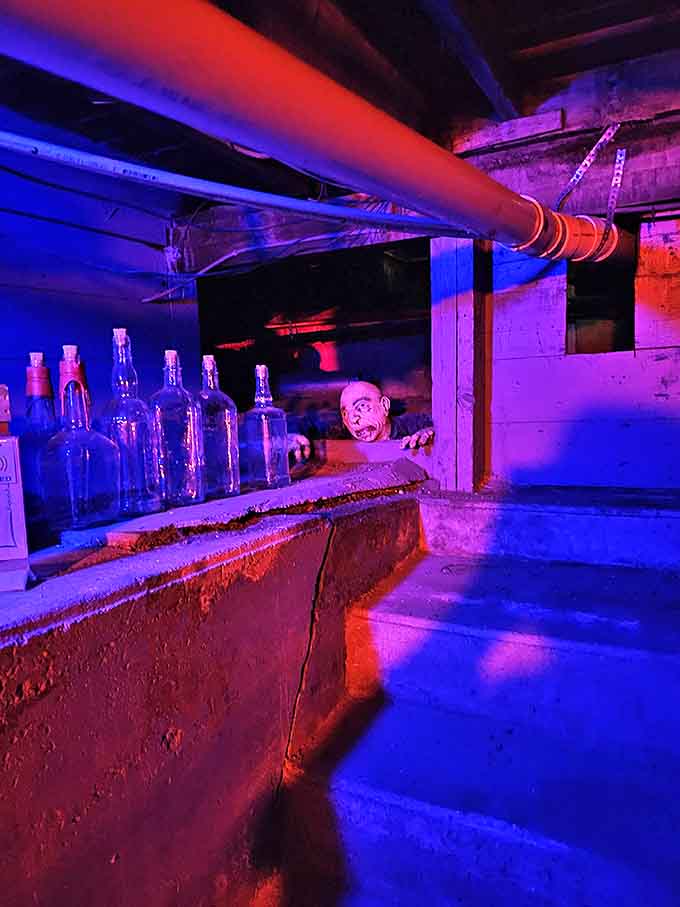 The basement's eerie blue lighting and vintage bottles create the perfect speakeasy vibe, with a mannequin head that's definitely seen some things.