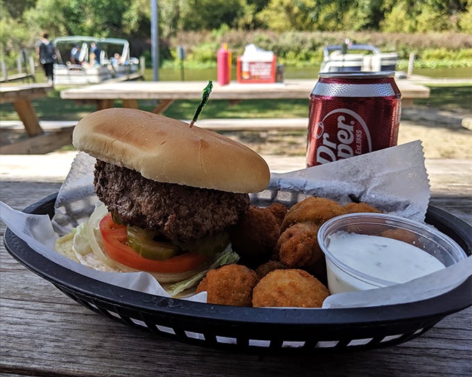 Lakeside dining doesn't get better than this &ndash; a classic burger basket with a side of sunshine.