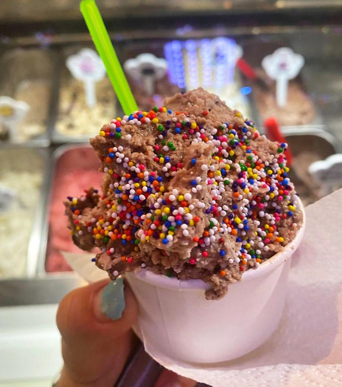 Chocolate gelato crowned with rainbow sprinkles &ndash; proof that sometimes the classics need nothing more than a colorful confetti celebration.