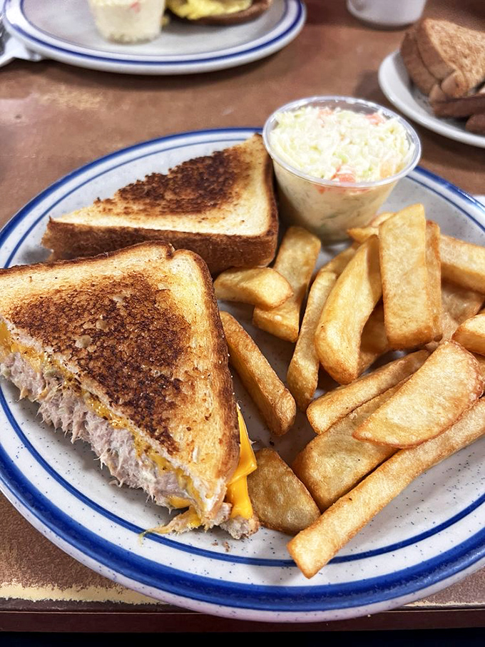The humble tuna melt achieves sandwich perfection with the ideal ratio of creamy tuna salad to melted cheese on perfectly grilled bread.