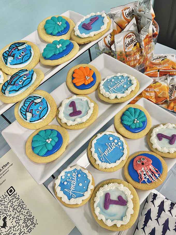 Ocean-themed cookies showcase the bakery's artistic side, with vibrant blues and whimsical designs that are almost too cute to eat.