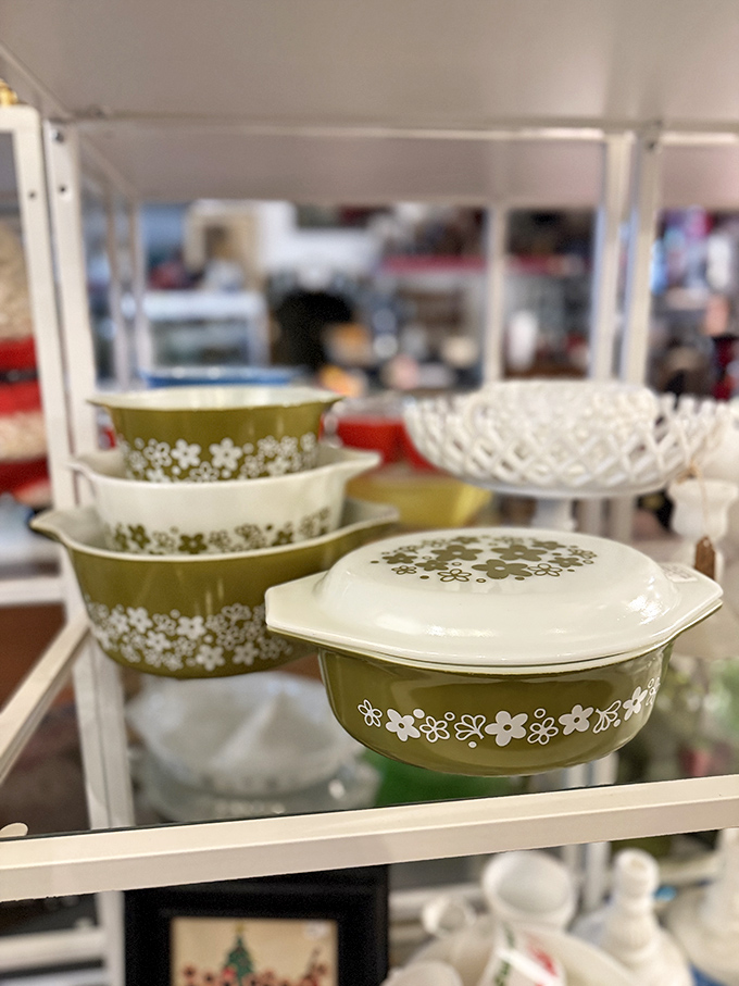 Vintage Pyrex: The avocado green Spring Blossom pattern &ndash; affectionately known as "Crazy Daisy" &ndash; that launched a thousand collector obsessions and kitchen makeovers.