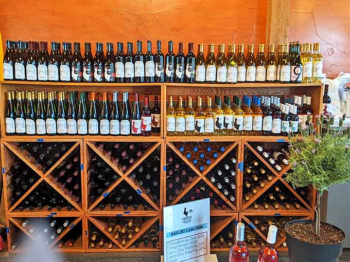 A rainbow of possibilities lines these wooden racks &ndash; from crisp Rieslings to surprisingly complex Pinot Noirs.
