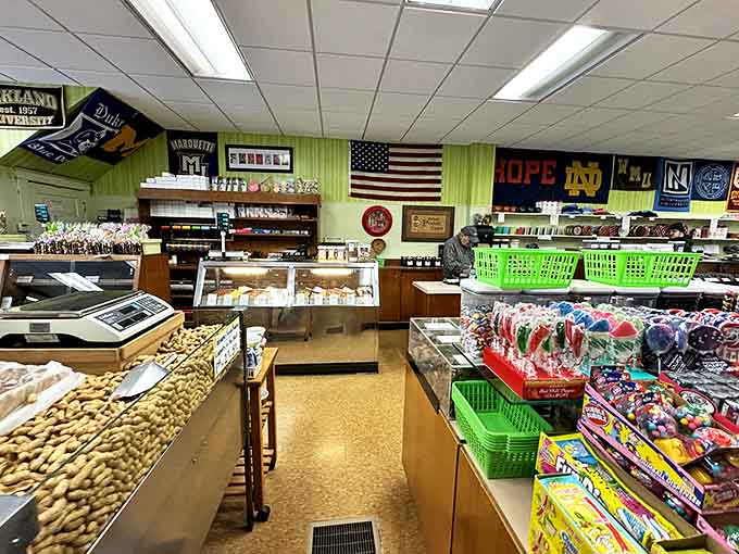 Every corner reveals new treasures, from nostalgic penny candies to gourmet chocolates, all arranged in a feast for the eyes.