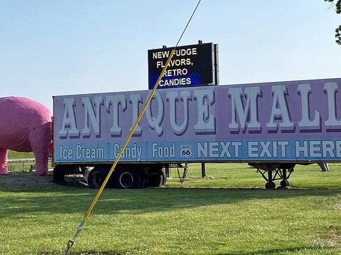 New treats in a retro setting – the mall's signage promises classic roadside indulgences that complement the vintage shopping experience.