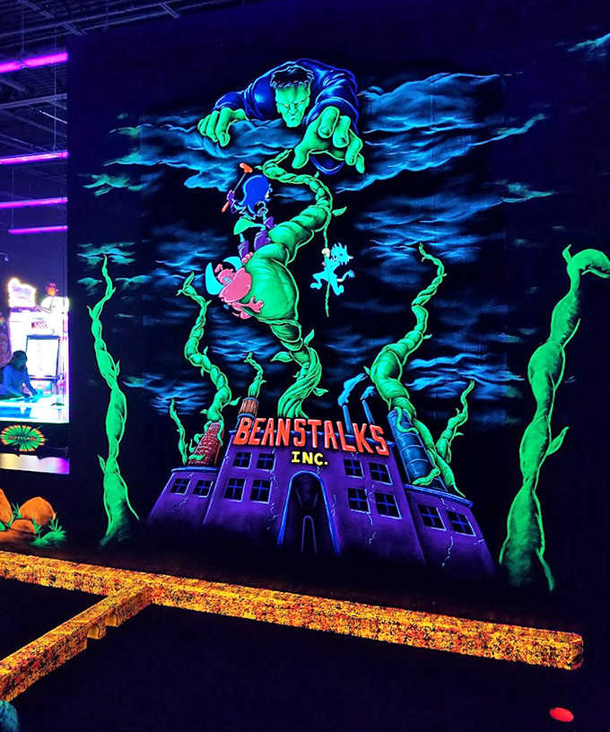 Jack's beanstalk got an ultraviolet upgrade! This towering creation looms over players attempting the challenging ninth hole.