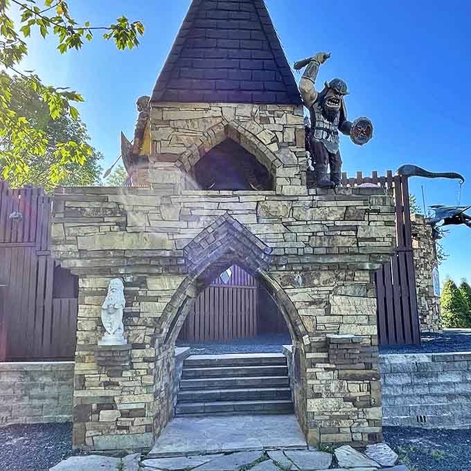 Stone archways and wooden battlements create a fantasy entrance that would make even Hogwarts students feel at home.