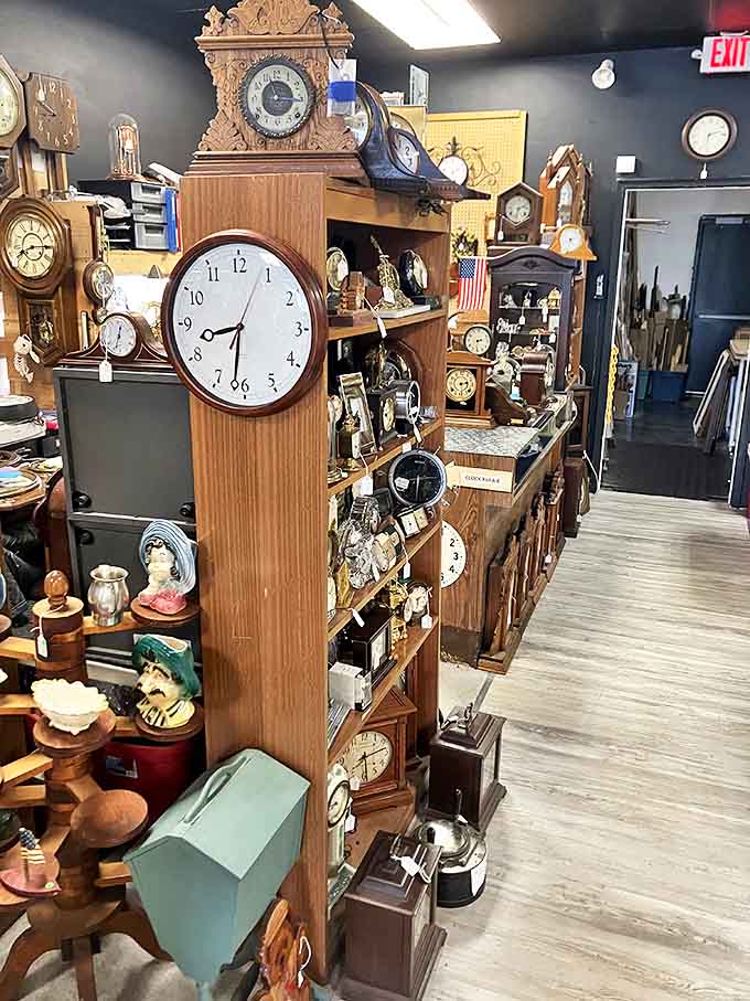 Time literally stands still in the clock section, where ornate wooden timepieces and mid-century modern designs mark hours from different eras.