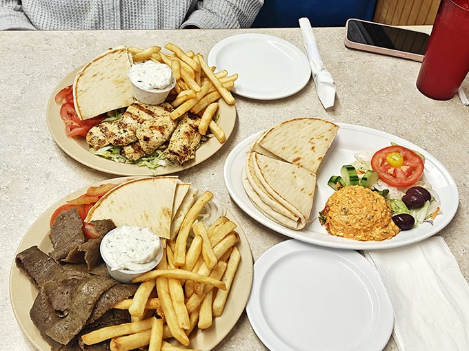 Feast on a delicious Greek meal! Gyro, chicken, fries, and tzatziki await at Athena. Come enjoy a satisfying dinner!