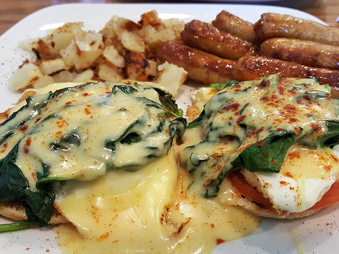 A full breakfast spread that would make even the most dedicated morning skipper set an alarm &ndash; those sausage links are calling your name.