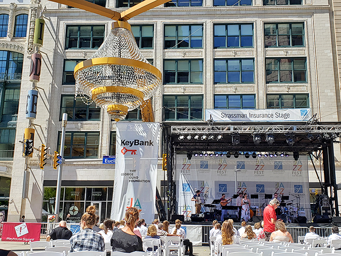 Live performances bring Playhouse Square to life, with the chandelier serving as the world's most glamorous outdoor stage lighting.