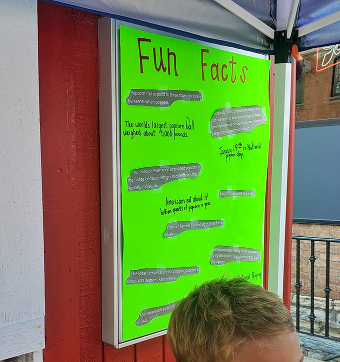The "Fun Facts" board educates visitors while they wait &ndash; did you know popcorn expands to three times its original size?
