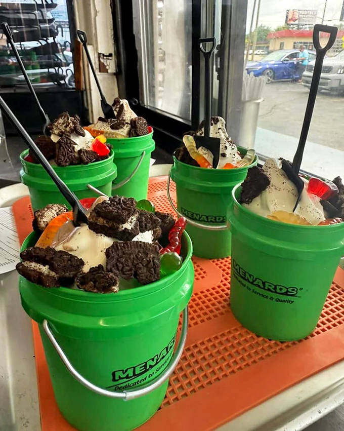 Ice cream served in Menards buckets &ndash; because sometimes dessert should be an adventure that requires both a spoon and a strategy.