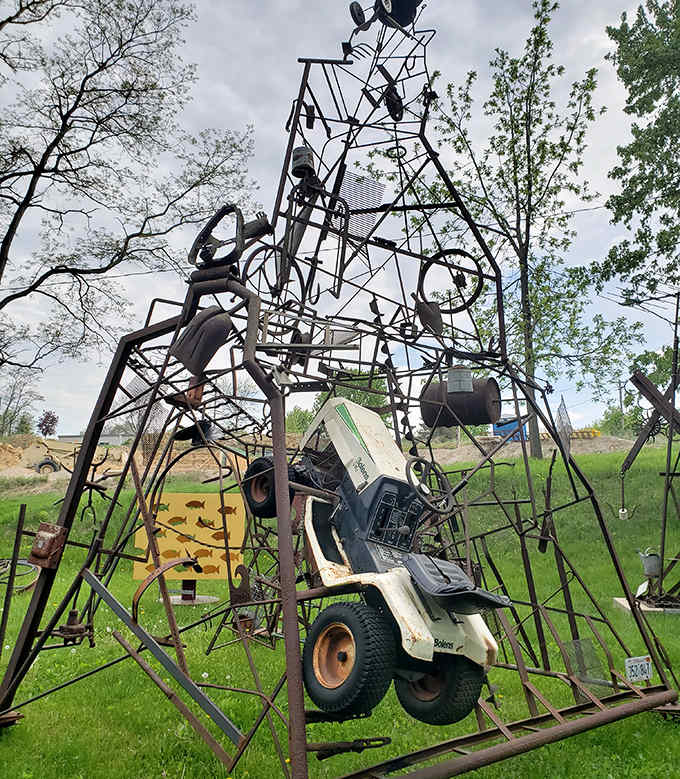 When your lawn tractor retires, this is apparently what happens: it gets promoted to art installation status and lives its best life.
