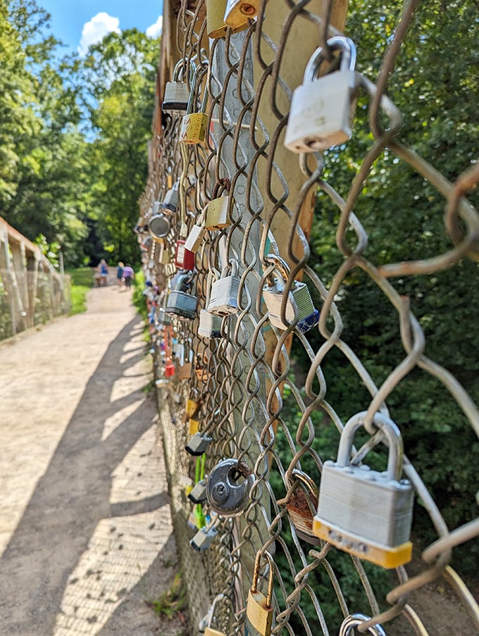 Dozens of locks adorn the trail's fencing, each one representing a relationship or memory made at Moonville.